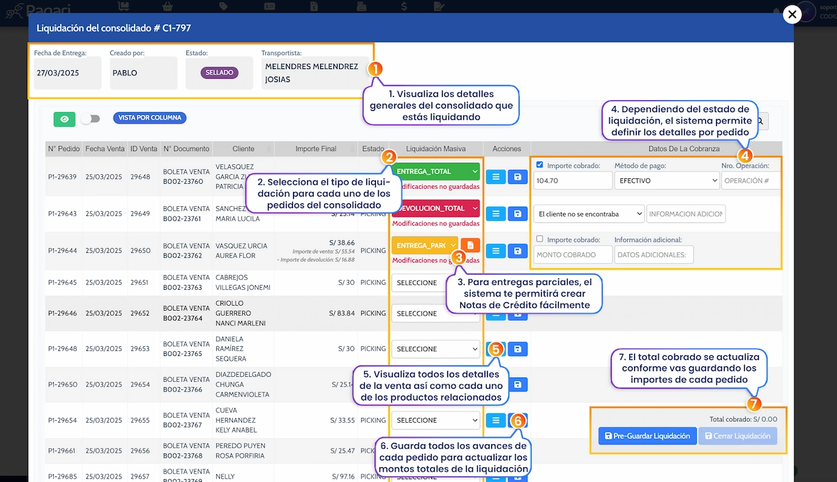 Ventana emergente donde se añaden todos los detalles de la liquidación